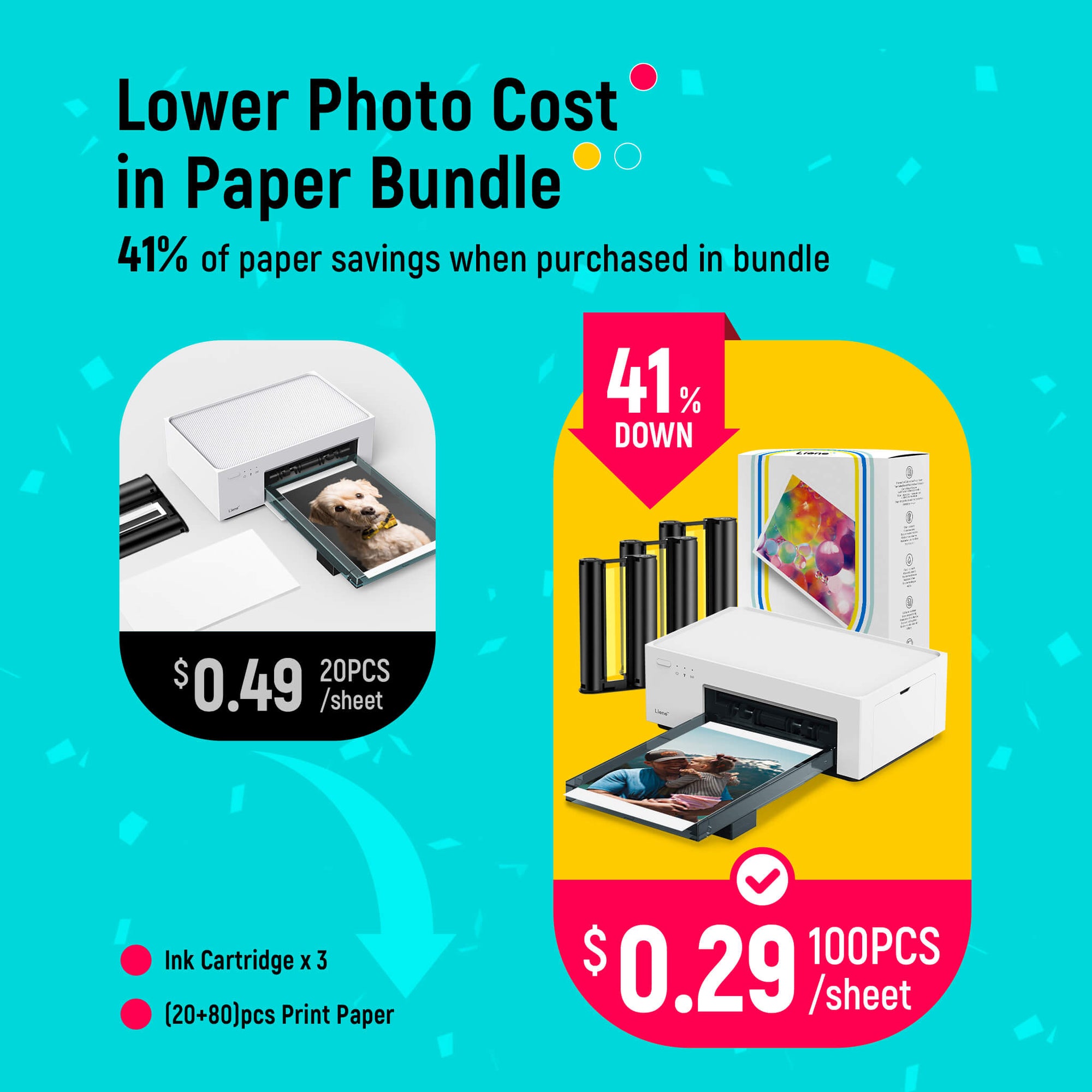 Amber 4x6" Instant Photo Printer with 100 Sheets & 3 Cartridges | Liene