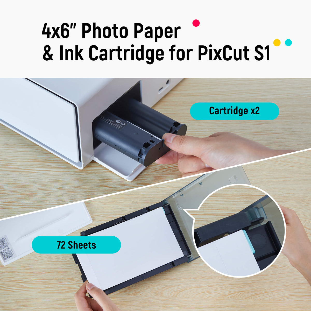 PixCut S1 4x6" Photo Paper 72 Sheets & 2 Ink Cartridges Refill | Liene